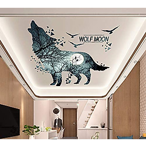 Removable Ink Moon Wolf Wall Decor Creative Blue Galaxy Wolf Room Wall Sticker Easy Peel & Stick Home Decor Murals for Kids Teen Girls Bedroom Nursery Ceiling Living Room