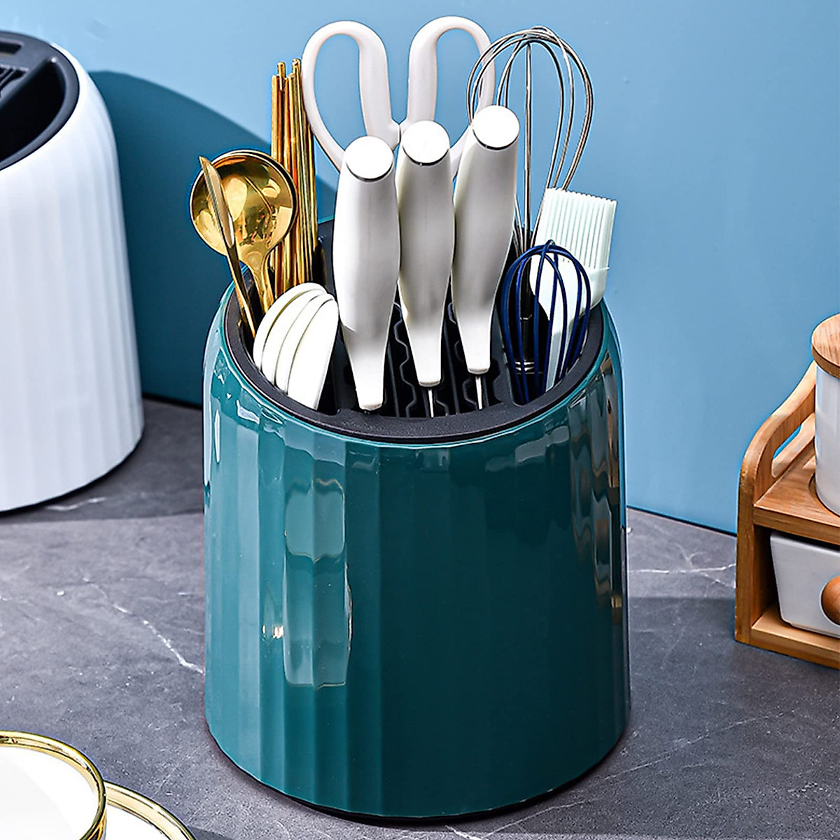 Knife Block Holder, Retrosohoo Round Universal Knife Block without Knives, Multifunctional Rotatable Kitchen Knife Holder Space Saver Organizer Detachable for Easy Cleaning (Green)