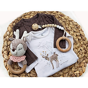 Natural Crochet Teether Toy Rattle for Baby Forest Friends Amigurumi Crochet Bunny Deer Fox on Natural Wooden Teething Ring Rattle (Honey Deer)