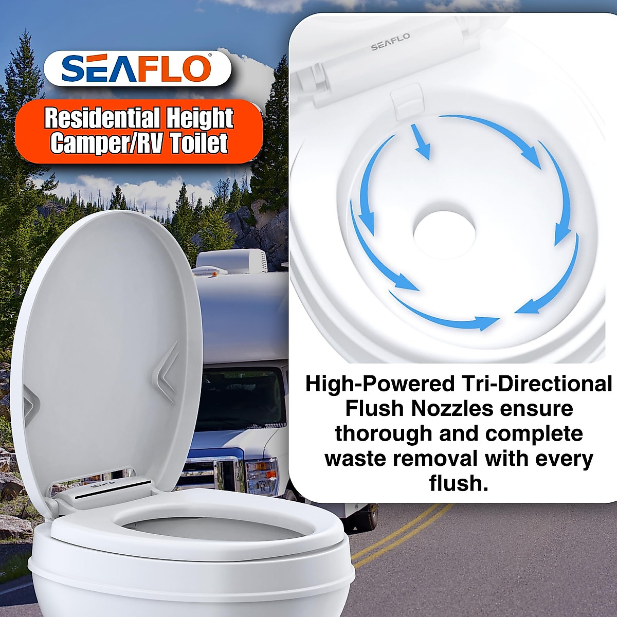 SEAFLO Residential Height Camper/RV Toilet, 18.5” Standard Height, Gravity Flush System, Foot Pedal Operation, Soft Close Seat, Easy-to-Clean Oversized Bowl, 4-Year Warranty