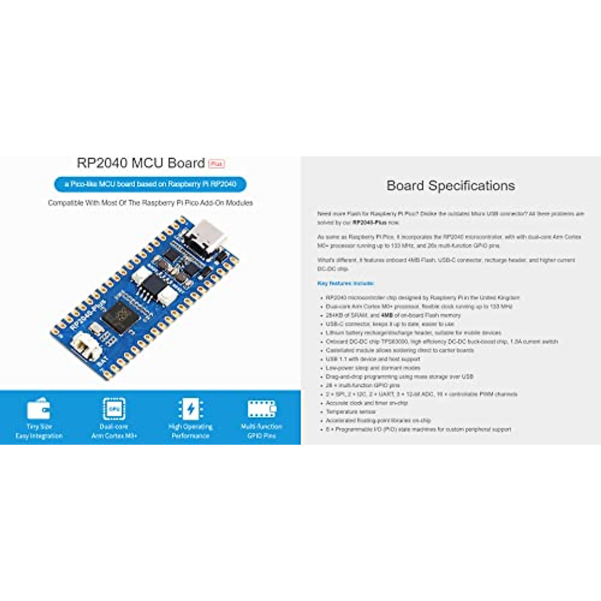 Waveshare RP2040-Plus, A Low-Cost, High-Performance Pico-Like MCU Board Based On Raspberry Pi Microcontroller RP2040 4MB