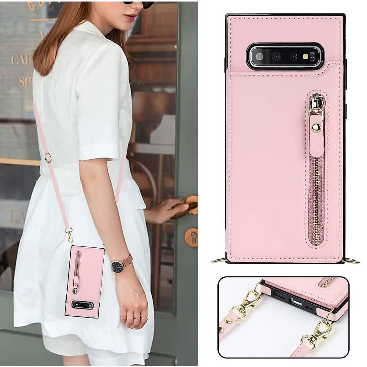 Protective Case Compatible with Galaxy S9 Plus - Adjustable Crossbody Lanyard + Zipper Cash Pocket Wallet Leather Case Card Slot Kickstand Metal Close Cover for Samsung Galaxy S9 Plus [SK] -Pink