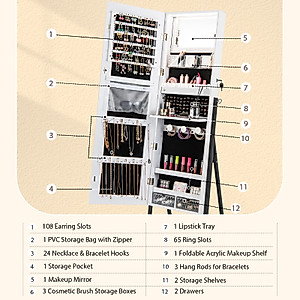 CHARMAID LED Strip Jewelry Armoire with 47.2" H Full Length Mirror, Lockable Jewelry Cabinet Organizer with 3-Color Lights, 3 Brush Boxes, 2 Drawers, Bottom Storage Shelf, Metal Frame (White)