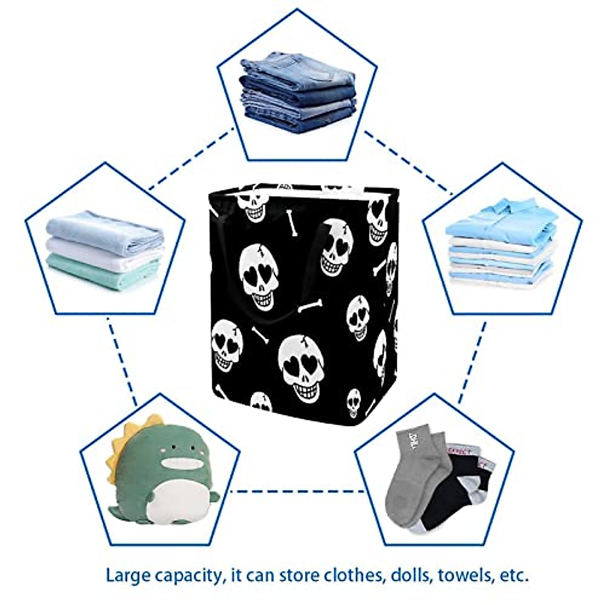 Heart Eye Skull and Bones Print Collapsible Laundry Hamper, 60L Waterproof Laundry Baskets Washing Bin Clothes Toys Storage for Dorm Bathroom Bedroom