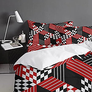 Laibao Duvet Cover Twin Size Modern Red Black Abstract Art Geometric Mid Century Soft Bedding Comforter Cover Set of 4 with 2 Pillow Cases 1 Flat Sheet Breathable Quilt Cover Sets for Boys Girls