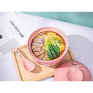 LLDAYU Japanese Creative Hand-Painted Ceramic Bowls with Soup Spoon, Large 27.5 OZ ramen bowls/Soup bowls,with Heat Preservation Function, and Suitable for Microwave Oven, and Dishwasher- pink