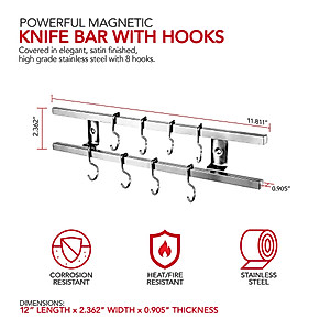 Modern Innovations (12 Inch) Stainless Steel Metal Magnetic Knife Holder, Wall Mount Double Bar with 8 Hooks - Multipurpose Knife Magnetic Strip, Utensil hanger, and Kitchen Storage Rack Magnet