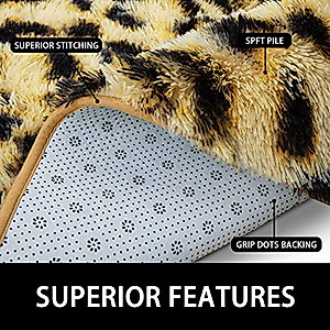 ECOBER Premium Fluffy Leopard Print Rug, Shaggy Leopard Rugs for Bedroom Living Room Kids Western Home, Soft Decorative Animal Printed Carpet, 4x6 Feet Khaki Black