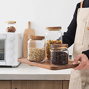 KMwares Set of 3 Clear Glass Food Jars/Canisters with Airtight Seal Acacia Wood Lids for Kitchen/Bathroom/Pantry Storage, Serving Pasta, Candy, Snack, Leaf Tea, Coffee Bean, Dry food