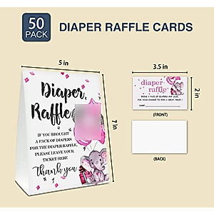 Yuansail Diaper Raffle Tickets For Shower, Pink Elephant Themed Cards, Party Favors For Showers Game Cards, 1 Sign & 50 Cards Per Pack – (bb007-niaobu)