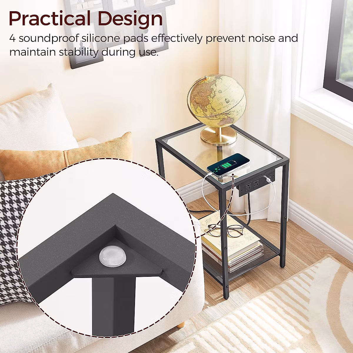 MAHANCRIS End Table with Charging Station and Side Tables with Charging Station bundle，Narrow Side Table for Small Spaces，2-Tier Nightstand with Tempered Glass Top，for Bedroom，Living Room ETWT18E01Z-E