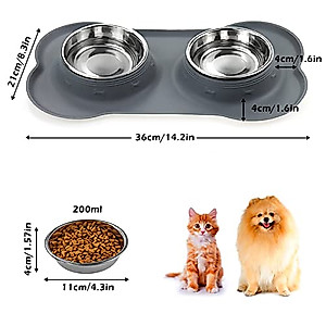 Dog Bowls, Cat Food and Water Bowls Stainless Steel, Double Pet Feeder Bowls with No Spill Non-Skid Silicone Mat, Dog Dish for Small Dogs Cats Puppies, Set of 2 Bowls (S-6oz, Grey)