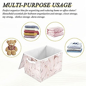 Kigai Storage Basket Rose Gold Abstract Marble Storage Boxes with Lids and Handle, Large Storage Cube Bin Collapsible for Shelves Closet Bedroom Living Room, 16.5x12.6x11.8 In
