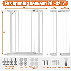 keny 36" Extra Tall Baby Gate for Stairs, 29"-42.5" Wide Auto Close Dog Gate, Pressure Mounted Easy Walk Through Pet Gate for Doorways, Durable Safety Stair Gate, White