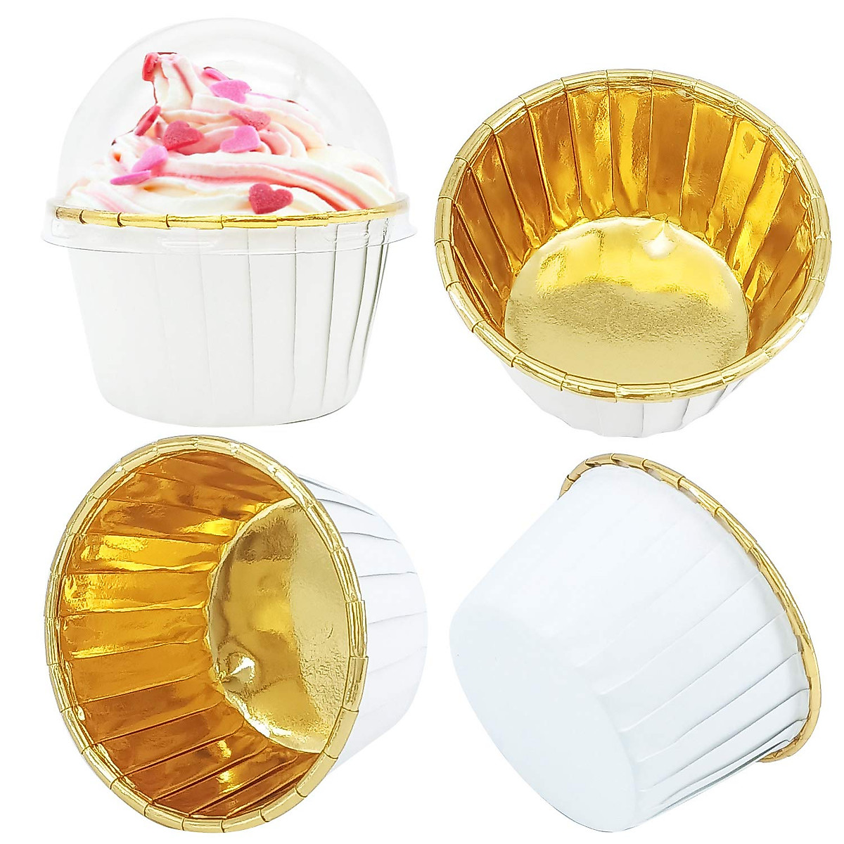 Cupcake Liners with Dome Lids 100Pack,Free-Air 3.5Oz Mini Foil Baking Cups Muffin Liners,Disposable Ramekins Cupcake Tins Cupcake Wrappers for Wedding Birthday Party,with Spoons-White in gold