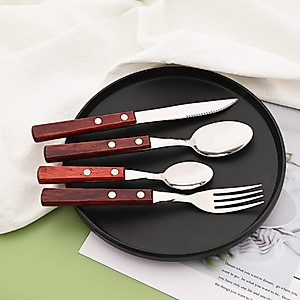 8 PCS Dinner Spoon Set, Uniturcky 304 Stainless Steel Table Spoon with Wooden Handle, Square Handle Soup Spoons, Red Wooden Handle Spoons Set for Home Restaurant, 7.9" Tablespoons
