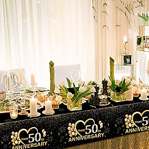 3pcs Happy 50th Anniversary Tablecloths Black Gold Table Covers 50th Wedding Anniversary Party Supplies for Parents Cheer to 50 Years Party Decorations and Plastic Disposable Party Favors,108*54 inch