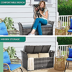 YITAHOME 90 Gallon Outdoor Wicker Storage Bench w/Cushion, Large PE Rattan Deck Storage Box w/Handles & Hydraulics for Patio Furniture, Cushions, Garden Tools, Pool & Sports Equipment, Gray