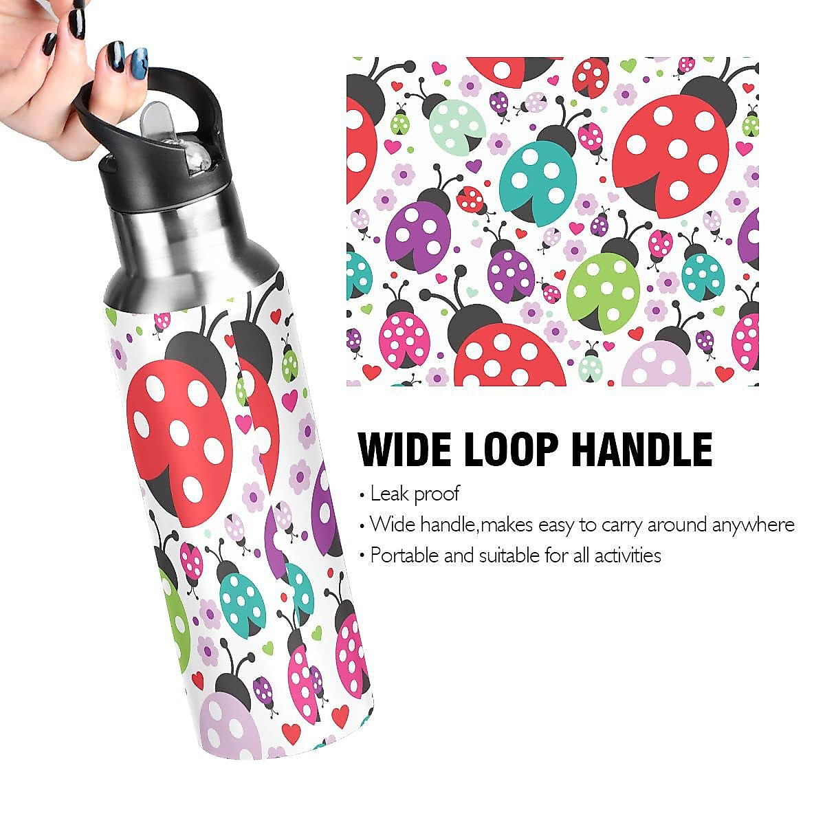 xigua Ladybug Water Bottle Double Walled Stainless Steel Leak Proof Thermo Flask for Sports Gym Cycling Outdoor,20 oz.