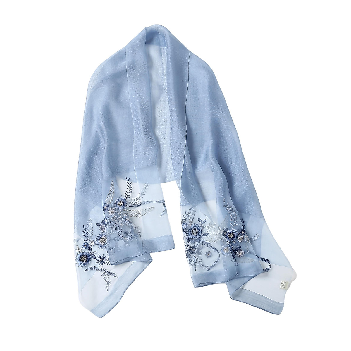 Jeelow Silk Wool Fashion Scarf Shawl Wrap Lightweight Sheer For Women Floral Embroidery Wedding Party Prom (Blue Floral)