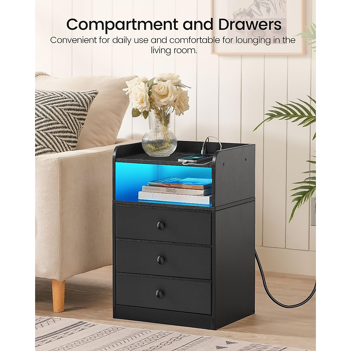 CHOEZON Nightstand with Charging Station and LED Light, Side Table with 3 Fabric Drawers Chest, End Table with USB Ports and Outlet, Bedside Table for Living Room, Bedroom, Black MBZ04UDBB