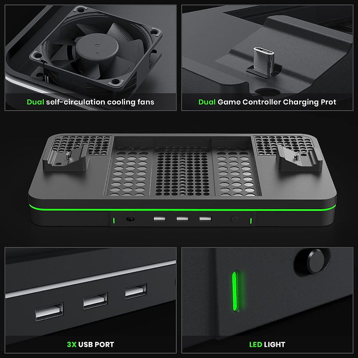 Charging Stand with Cooling Fan, CODOGOY Vertical Stand Compatible with Xbox Series X/S Console&Controller, Dual Controller Charger Station Dock with 3 USB Ports,2*1100 mAh Rechargeable Battery Packs
