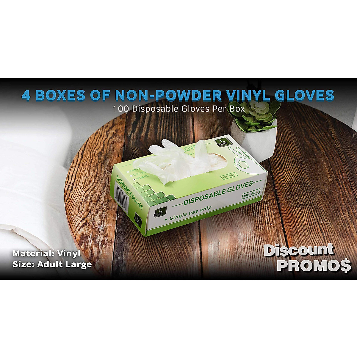 DISCOUNT PROMOS Non Powder Vinyl Gloves Set of 4, Bulk Pack - Each Box has 100 Disposable Gloves, For Cooking, Cleaning, Travelling, and Diaper Changing - Transparent White