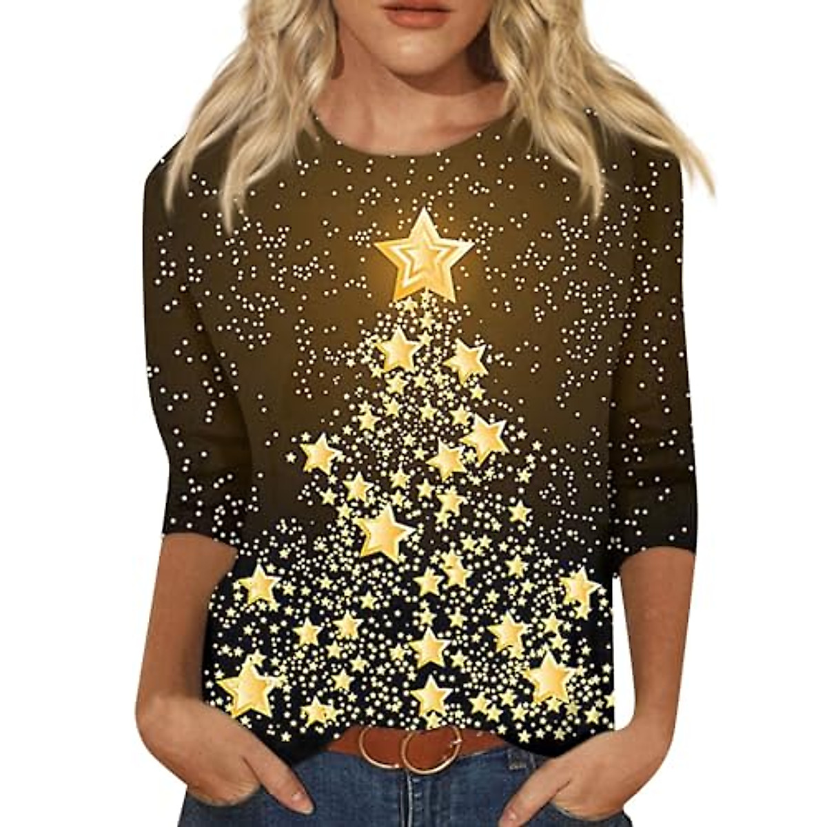 Christmas Womens Blouses Lined Pocket Christmas Basic Tops Crew Neck Tie Dye Christmas Women Tunic Tops Stretch Women's Flannel Shirts 04 Gold 3XL