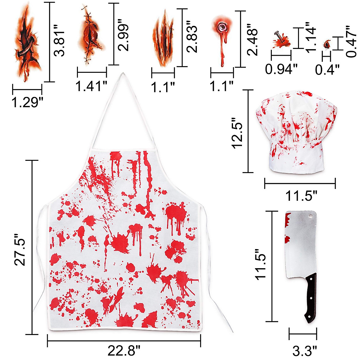 jollylife 13Pieces Halloween Bloody Butcher Costumes Scary Set - Cooking Chef Apron Hat Weapon Knife Tattoo Stickers Zombie Party Accessories Decorations