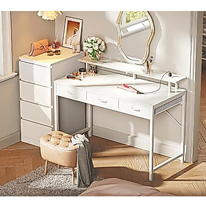 Huuger 47 inch Computer Desk with 3 Drawers, Office Desk Gaming Desk with LED Lights & Power Outlets, Home Office Desks with Storage Space for Bedroom, Work from Home, White