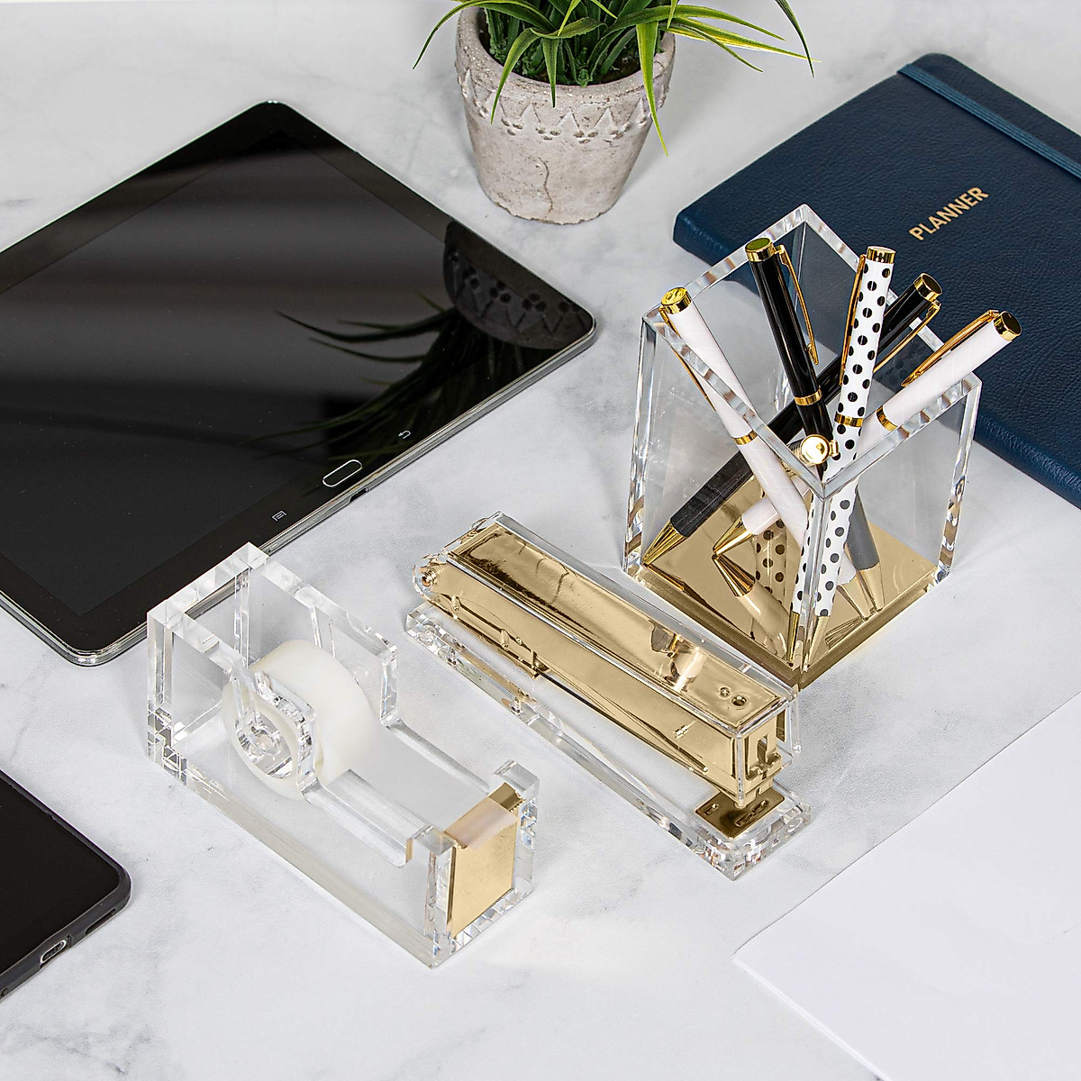 Punch & Stick | Stationery & Desk Accessories | Pen Holder, Stapler & Tape Dispenser | Gold & Clear Acrylic Lucite | Office Desk Accessories | Office Gift Set