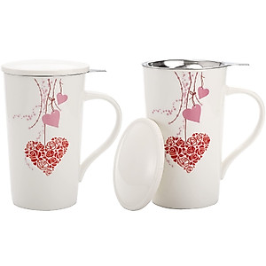 Okllen 2 Pack Ceramic Tea Cup with Filter and Lid, 18 Oz Large Ceramic Tea Mug Tea Infuser, Tea Brewing Diffuser Strainer Cup for for Loose Tea, Travel, Office and Home Use, Women Gifts