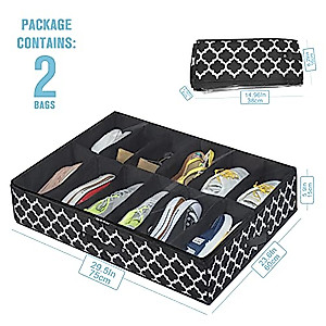 Under Bed Shoe Storage Organizer -Set of 2 ¨C Shoe Organizer Under Bed - Fits Men's and Women's Shoes, High Heels, and Sneakers - Up to 24 Pairs - Extra-Strong Zipper - Black - Perfect for College Dorms