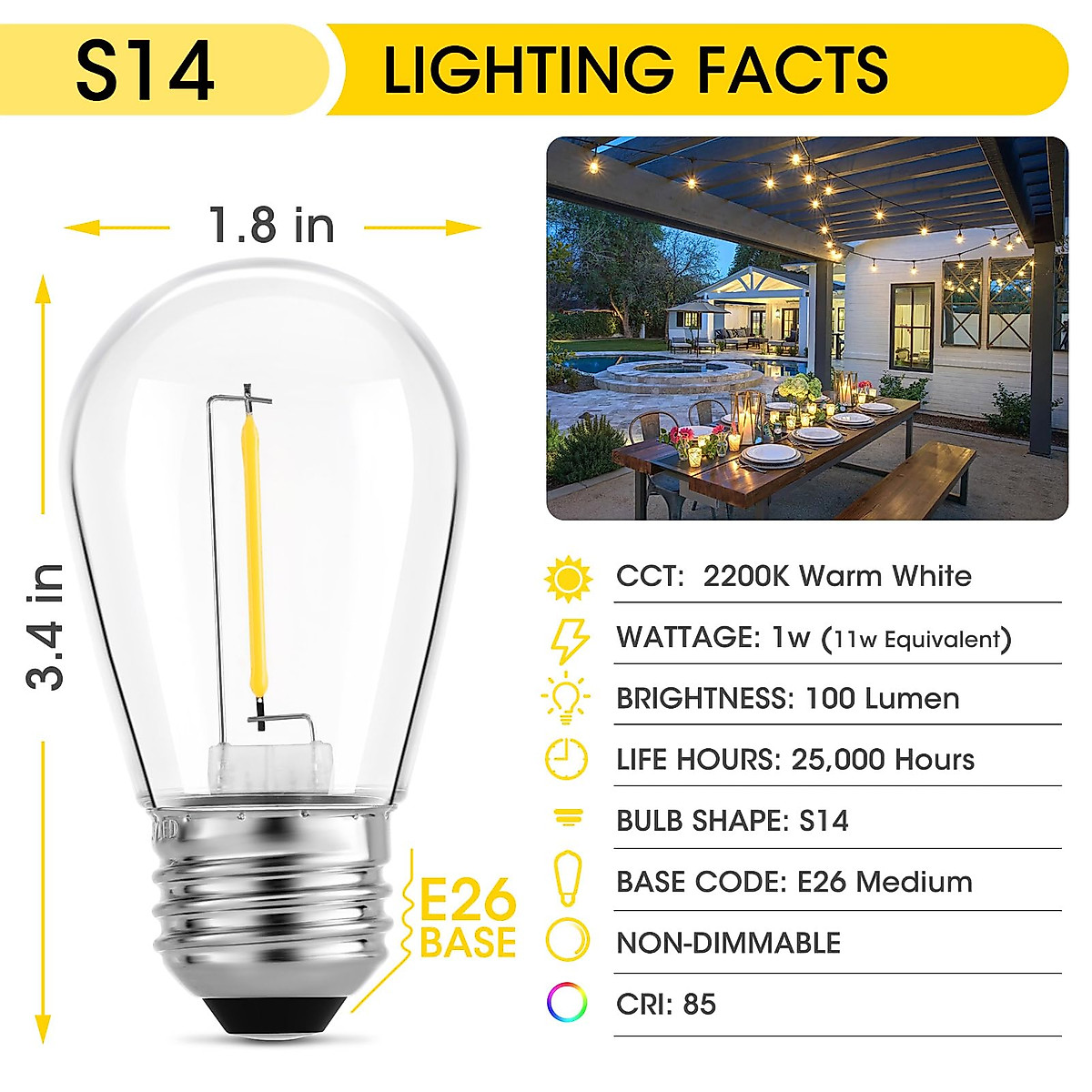 Meconard Outdoor Patio String Light Bulbs, Shatterproof Waterproof S14 LED Replacement Bulbs for Outdoor String Lights, 1W LED Bulbs Equal to 11W Incandescent, 2200K Warm White, E26 Base, Non-Dimmable