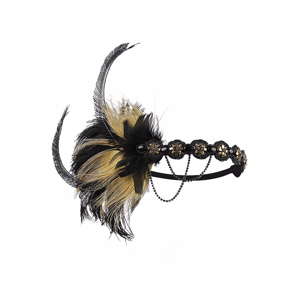 BABEYOND 1920s Sequined Showgirl Headpiece Feather Headband Flapper Gatsby Hair Accessories (Black Gold)