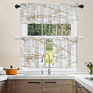 Shrahala Marble Golden Gold Kitchen Valances Half Window Curtain, Abstract Gold and White Marble Pattern Kitchen Valance for Window Ink Printing Valances Curtains for Kitchen Decor 52x18 inch(2pcs)