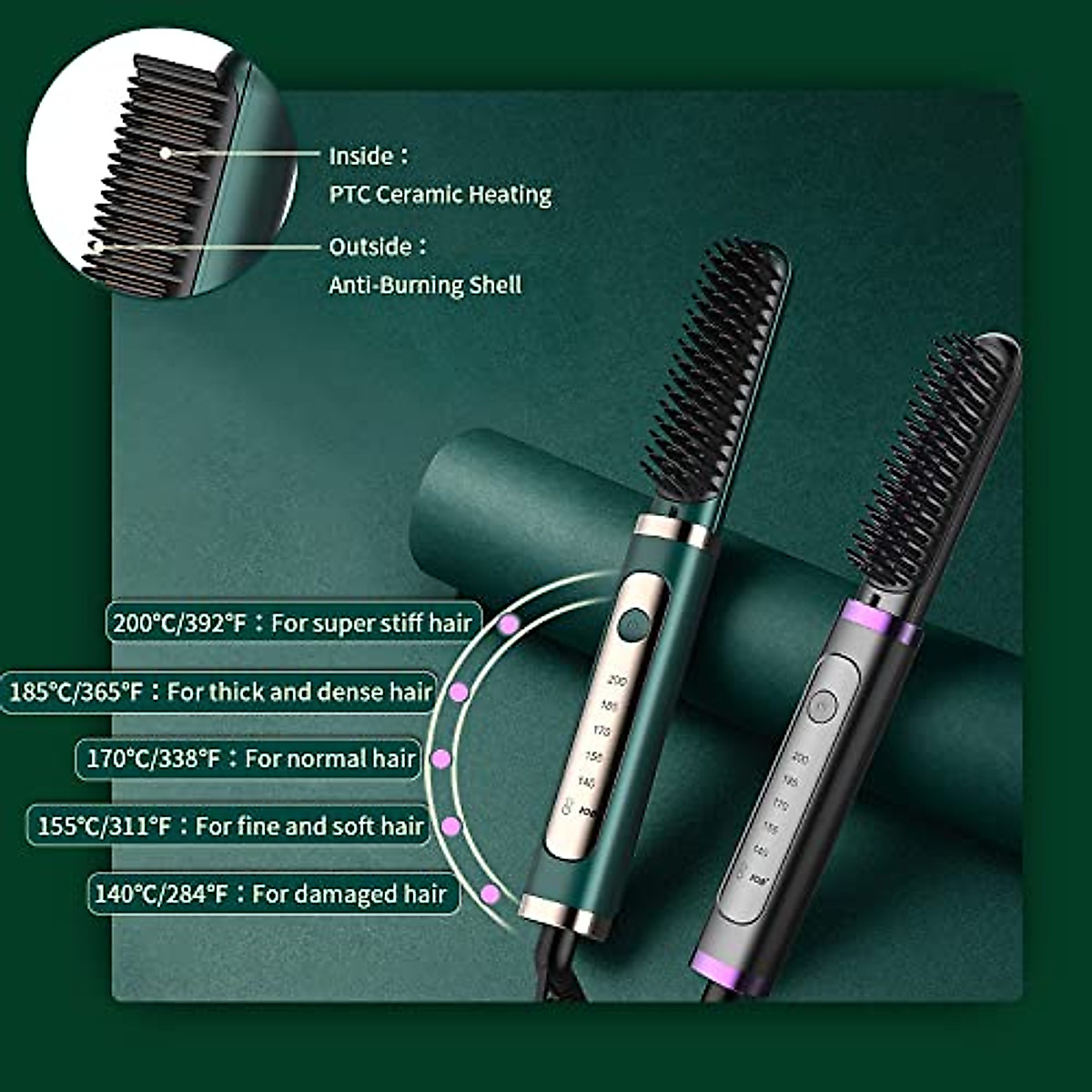 MEIYIXIN Ionic Hair Straightener Brush, Hair Straightener Comb with 5 Temperature Settings, Negative Ions Straightener Comb for Women, Fast Heating & Anti-Scald C903 (Black Purple)