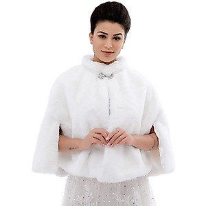 Aukmla Faux Fur Wrap Bridal Wrap Stole Wedding Fur Shrug Faux Fur Cape with Stunning Rhinestones Brooch (White)
