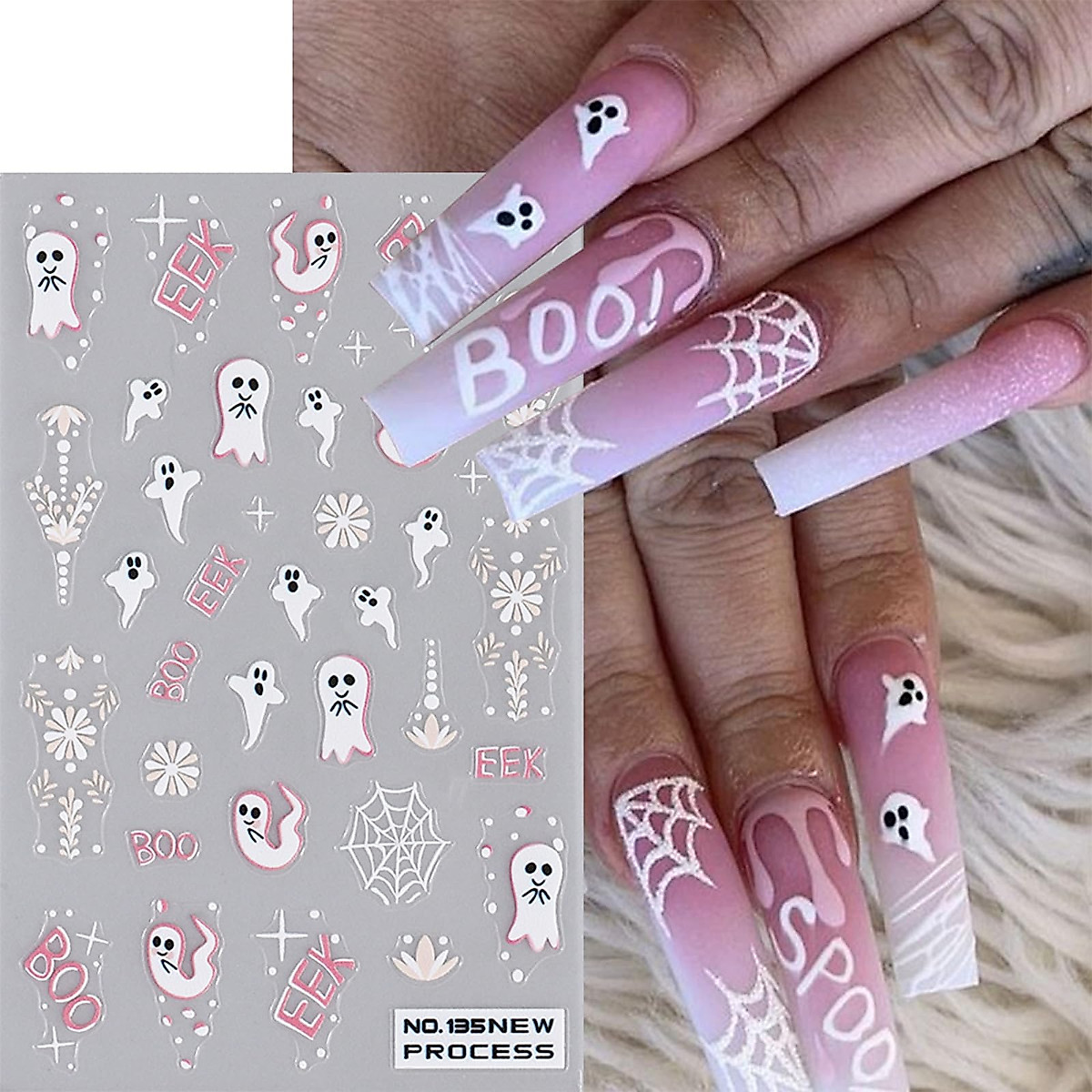 JMEOWIO 6 Sheets Pink Halloween Nail Art Stickers Decals Self-Adhesive Pegatinas Uñas Cute Skull Horror Ghost Witchy Spider Web Bat Spook Nail Supplies Nail Art Design Decoration Accessories