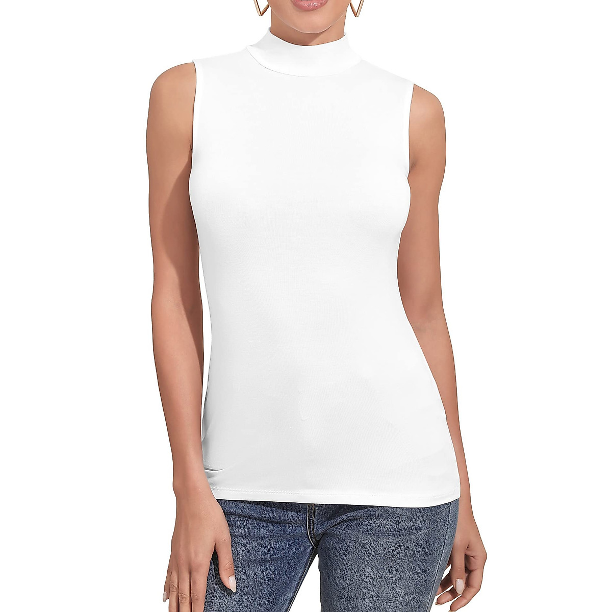 UNTYHOTS Women's Sleeveless Mock Turtleneck Tanktop Basic Stretch Fitting Pullover Lightweight Slim Shirt (Sleeveless White, Mediun)