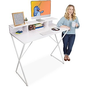 Stand Steady Joy Standing Desk | Pretty Standing Desk with Shelf & Built-in Storage Cubbies | Modern Stand Up Workstation | Tall Desk & Reception Table for Home, Dorm & Office (White / 48in x 42in)