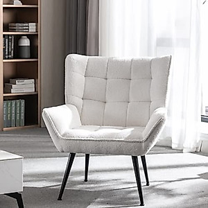 Ya-Home Modern Accent Chair, Comfy Sherpa Leisure Armchair with Backrest and Black Metal Legs, Upholstered Channel Tufting Detail Side Chair for Living Room Bedroom, 1PC, White