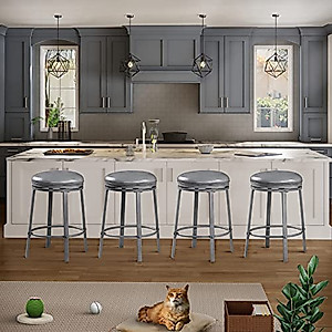 OUllUO Swivel Bar Stools Set of 2, 25 Inch Backless Counter Bar Height Stools, PU Leather Round Kitchen Counter Stools, Industrial Kitchen Island Stools with Metal Base, 520P-SGPU, Grey, 2Pcs