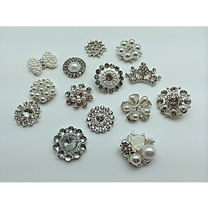 PEPPERLONELY Brand 12PC Mixed Style Acrylic Pearl Rhinestone Flat Back Alloy Metal Embellishments & Sew On Buttons 13/16~1-3/16 Inch