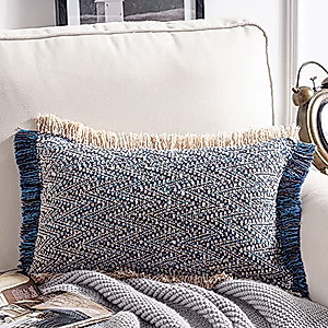 Phantoscope Decorative Boho Throw Pillow with Pillow Insert Included, Hand Woven Textured Pillow Cover with Fringe Trim, Modern Farmhouse Square Cushion Pillow, Dark Blue 12 x 20 Inches