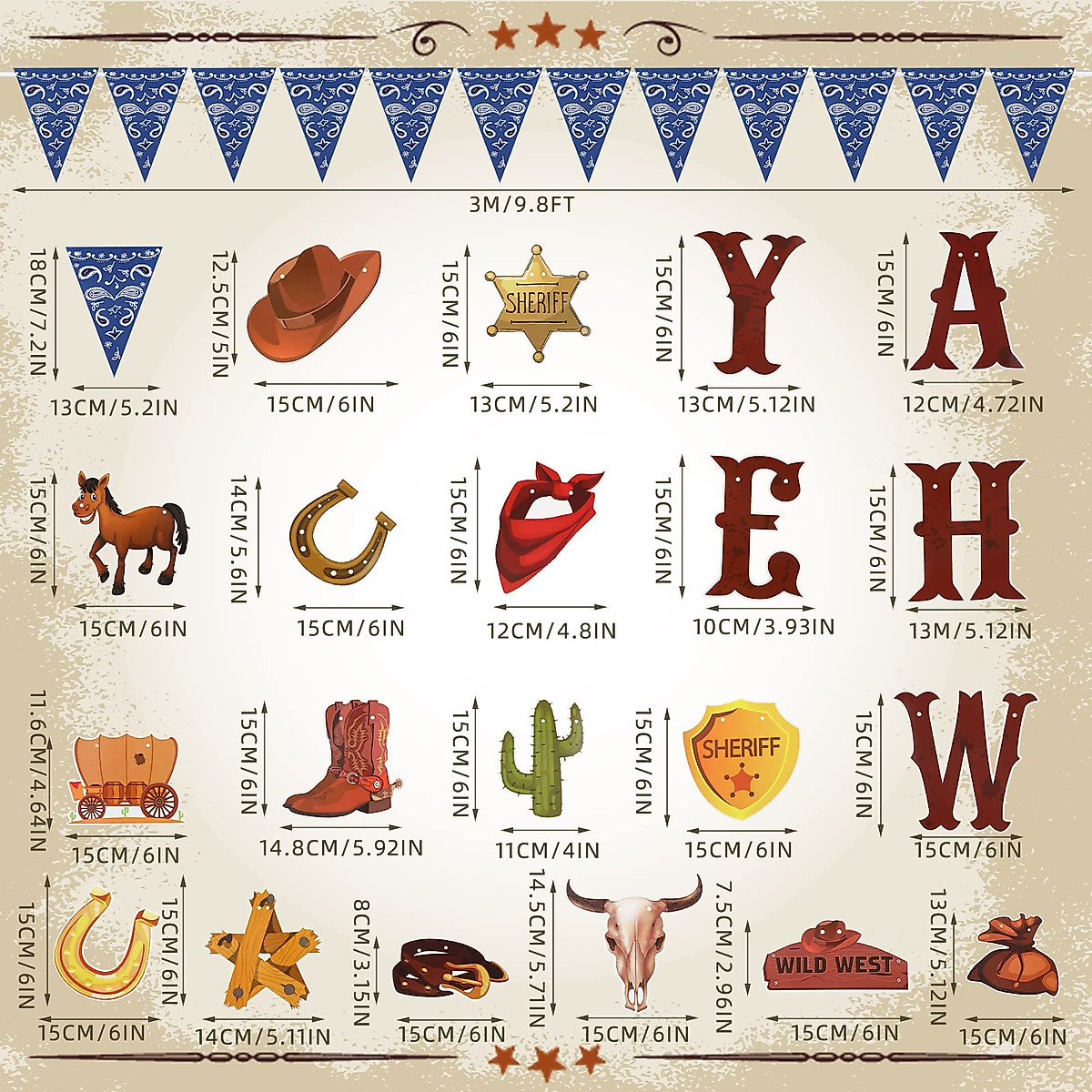 5 Pcs Western Cowboy Party Decorations Bandana Pennant Banner Wild West Banner Cowboy Banner Hanging Western Yee Haw Banner Western Decorations for Cowboy Birthday Party Supplies (Classic Style)