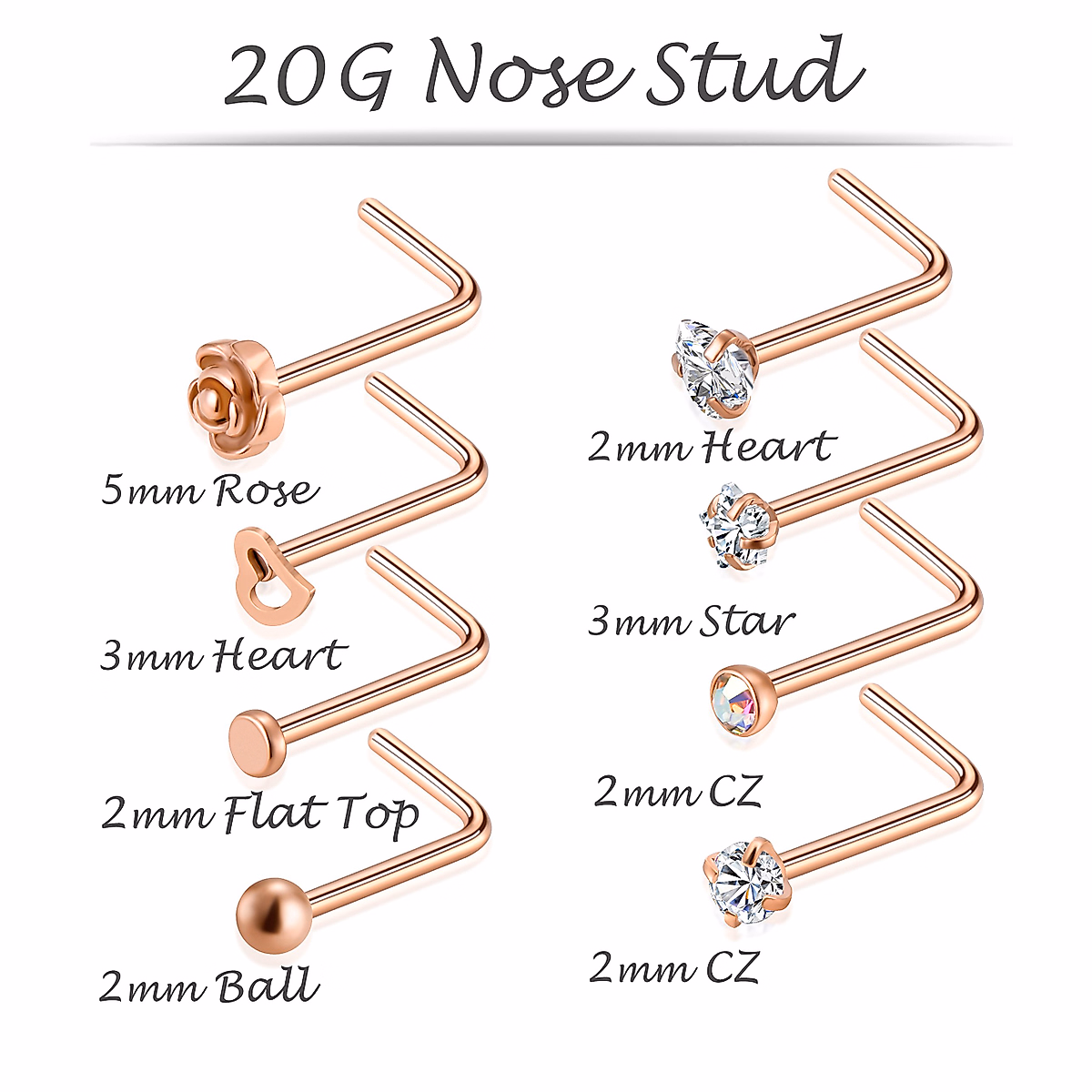 Tornito 20G 16Pcs Stainless Steel L Shaped Nose Ring CZ Nose Stud Retainer Labret Nose Piercing Jewelry (A1:16Pcs)
