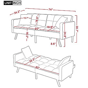 Velvet Convertible Futon Sofa Bed with Two Pillows, Modern Upholstered Sleeper Sofa Couch with 3 Adjustable Backrests and 6 Solid Metal Legs, Twin Size Loveseat Recliner for Living Room (Off White)