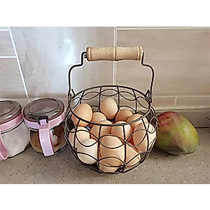 Metal Wire Egg Baskets for Collect Fresh Egg Baskets Countertop Holder, LINCOUNTRY Rustic Round Small Chicken Basket Gathering Fresh Egg With Handle,Country Primitive Farmhouse Vintage Storage Gift
