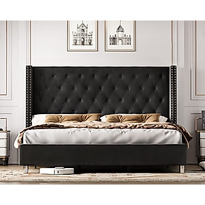 PaPaJet King Bed Frame Upholstered Bed Velvet Low Profile Platform Bed with Raised Wingback Headboard/No Box Spring Needed/Easy Assembly/Cream